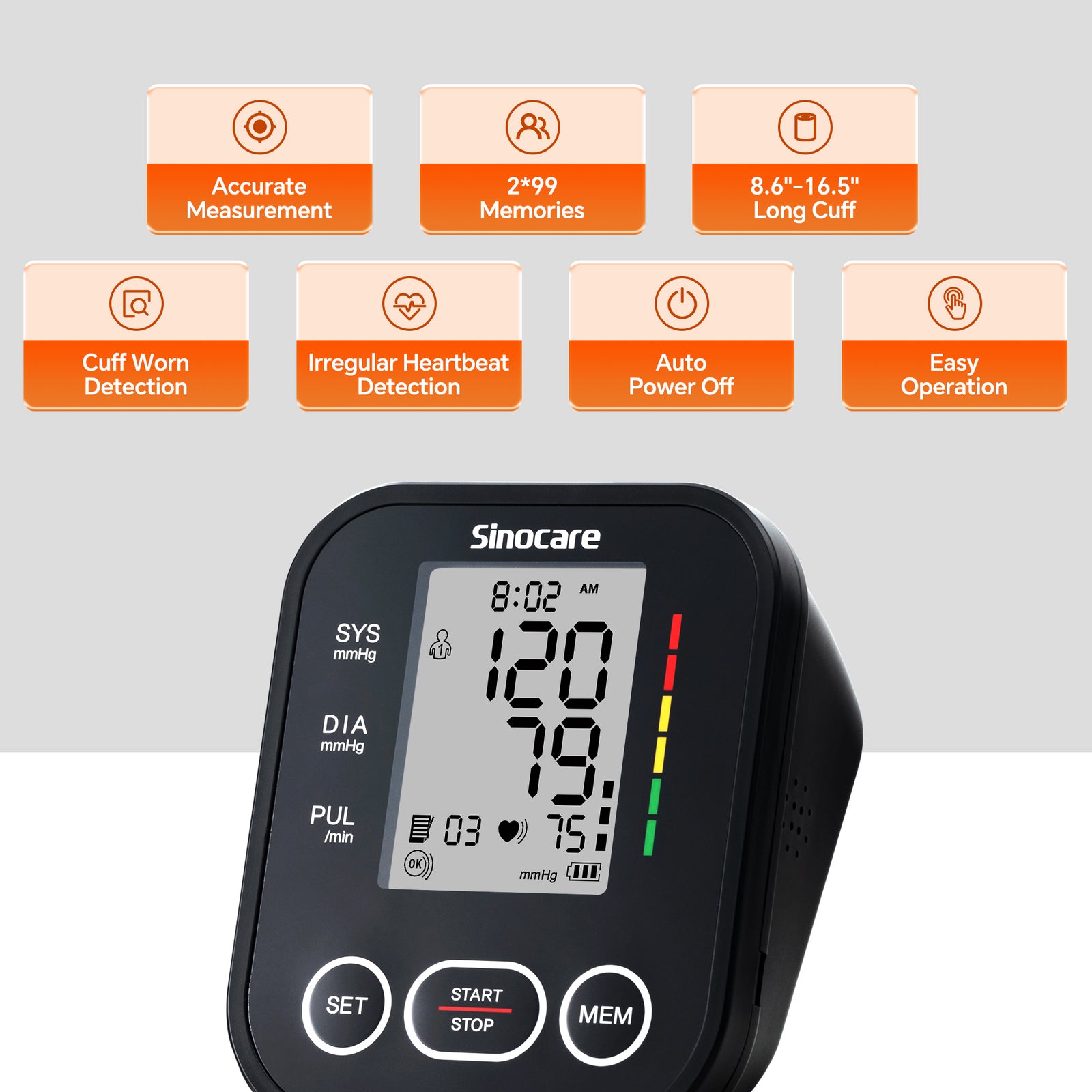Sinocare ARM-30E+ Upper Arm Blood Pressure Monitor -Dual User Mode, Ea